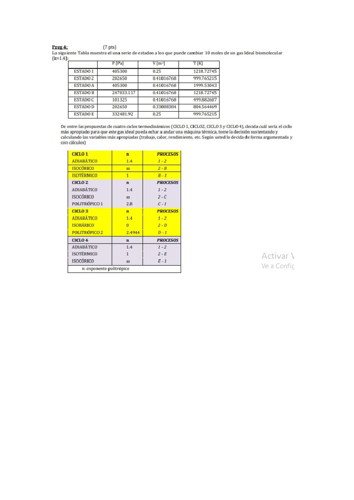 Doc1 - materiales - Preg 4: (7 pts) La siguiente Tabla muestra el una serie de estados a los que ...