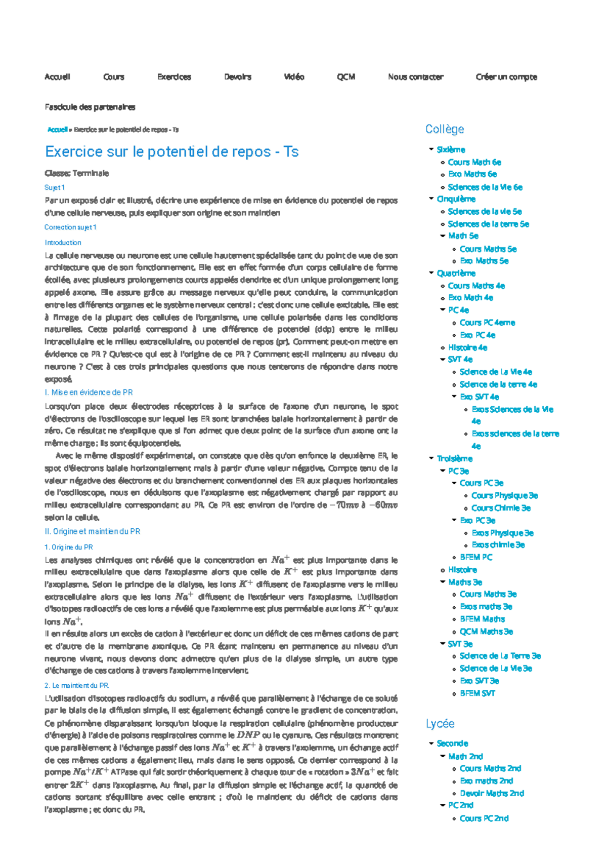 Exercice sur le potentiel de repos - Ts sunudaara - Classe: Terminale ...