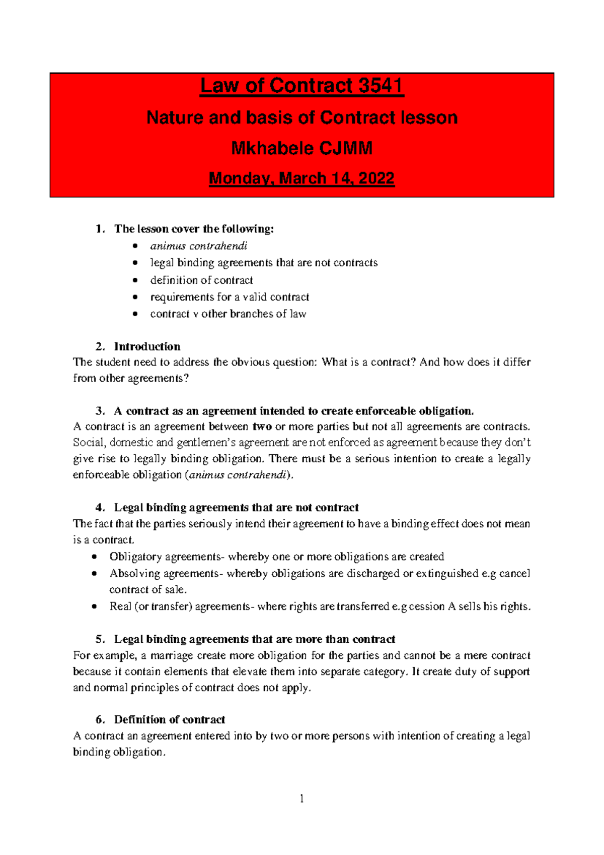 CRT 3541 Nature and basis of contract notes 2020-1 - 1 Law of Contract ...