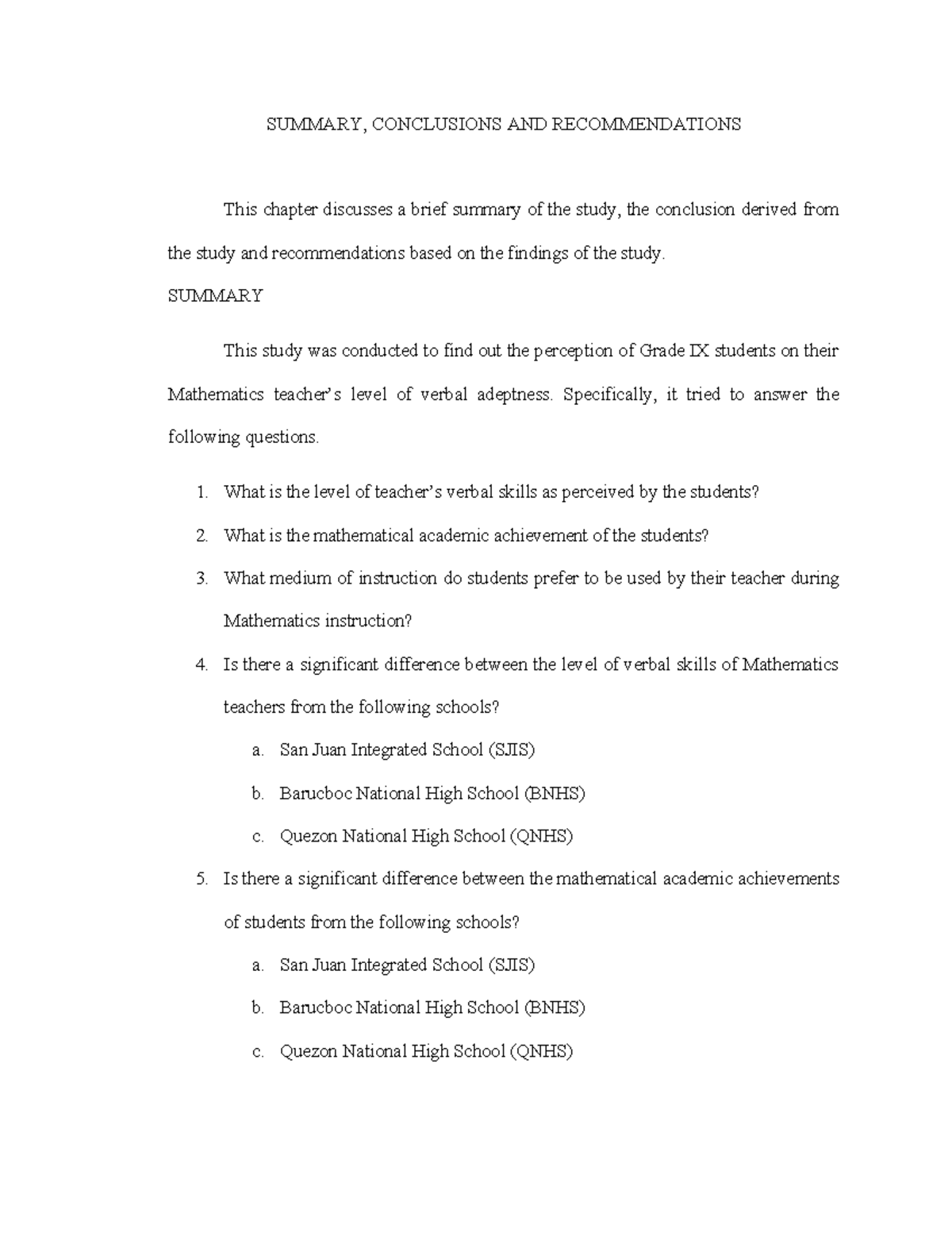 Chapter 5 Final - SUMMARY, CONCLUSIONS AND RECOMMENDATIONS This chapter ...