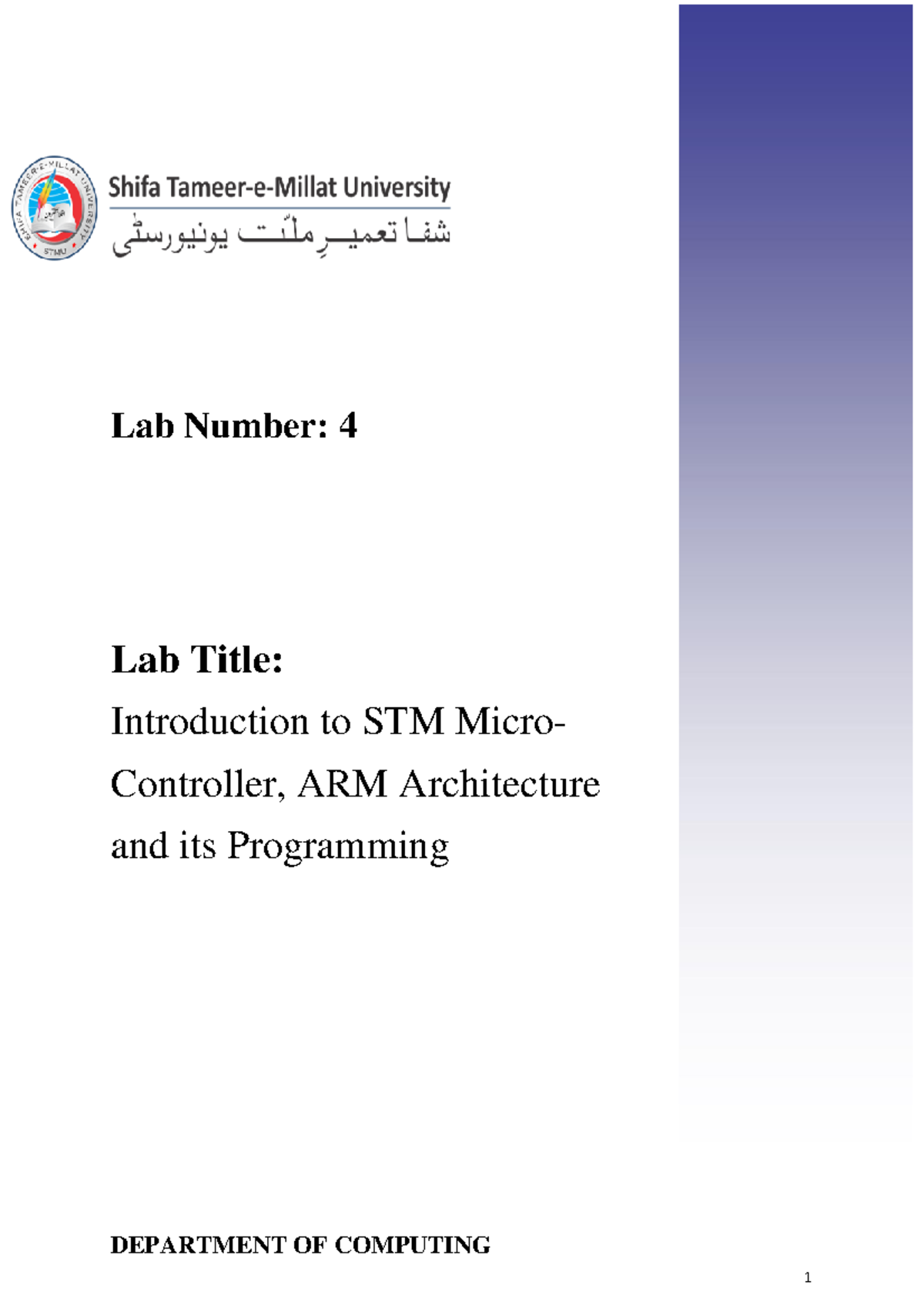 COAL LAB4 - lab manual 4 - Lab Number: 4 Lab Title: Introduction to STM Micro- Controller, ARM ...