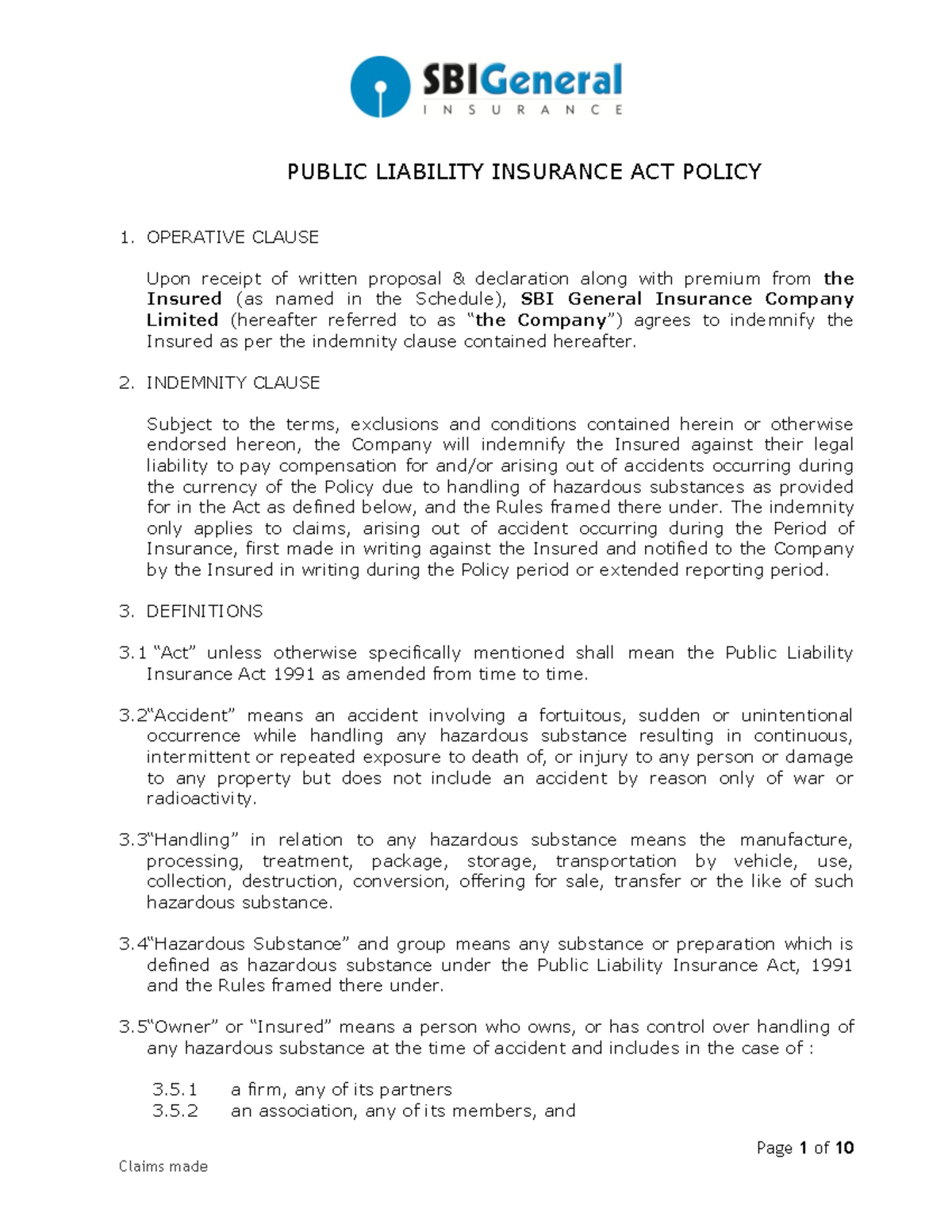 70 Public Liability Insurance Act Policy GEN568 - Page 1 of 10 PUBLIC ...