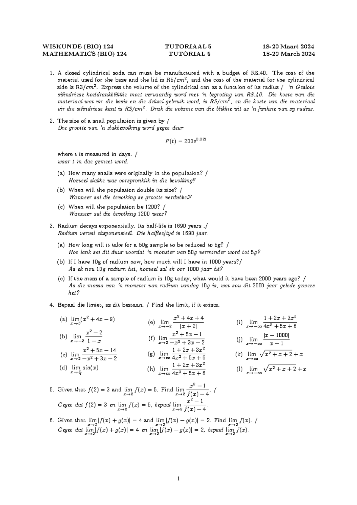 Tut5 - Tut 5 - WISKUNDE (BIO) 124 TUTORIAAL 5 18-20 Maart 2024 MATHEMATICS (BIO) 124 TUTORIAL 5 ...