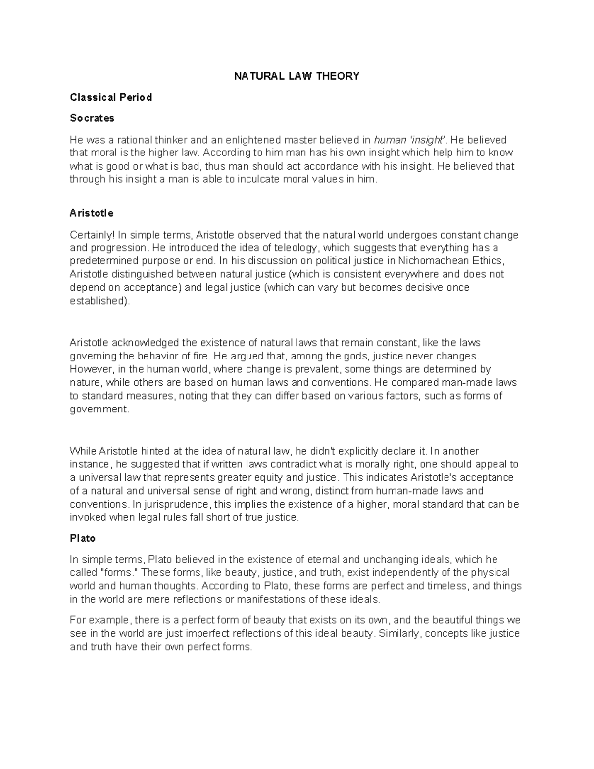 Jurisprudence Revision - NATURAL LAW THEORY Classical Period Socrates ...