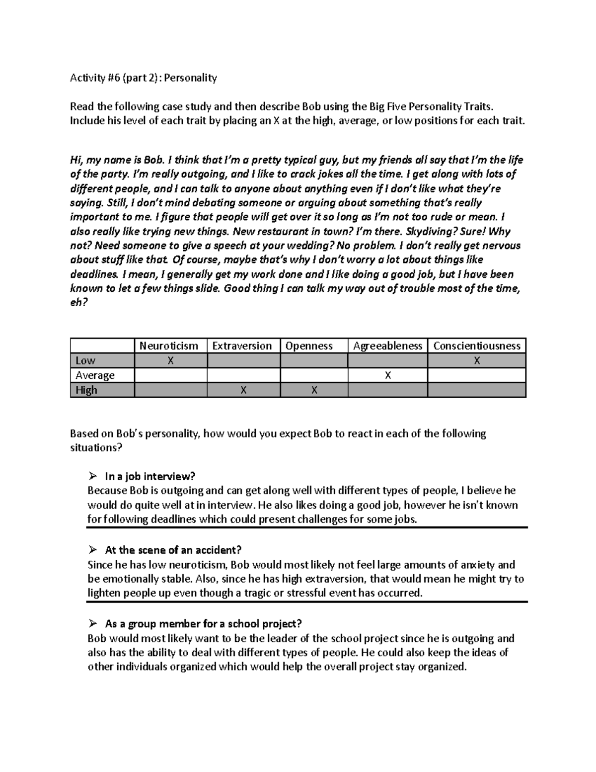Activity 6 Personality Worksheet - Activity #6 (part 2): Personality ...