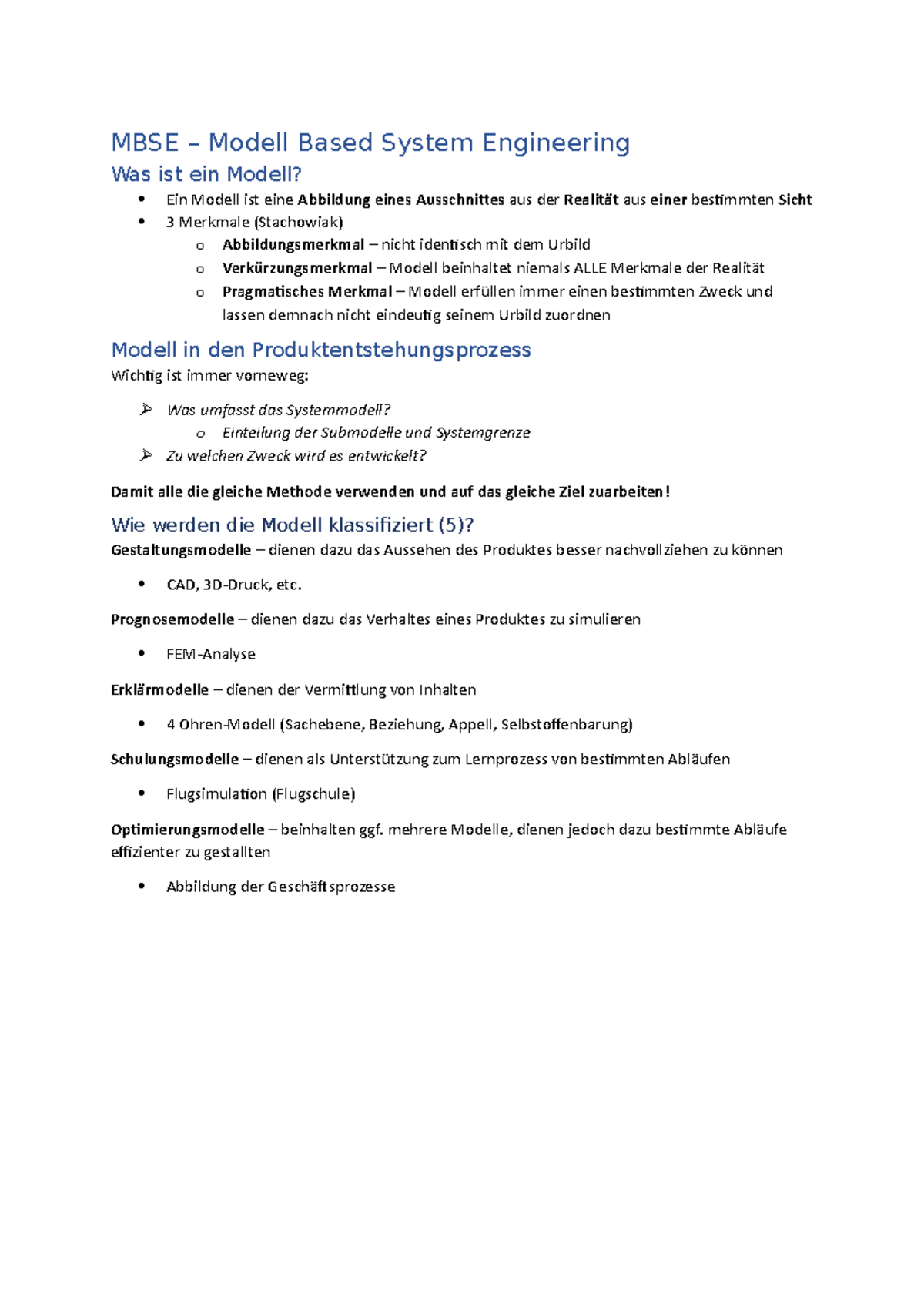 Zusammenfassung LE6 - MBSE – Modell Based System Engineering Was ist ein Modell? Ein Modell ist ...