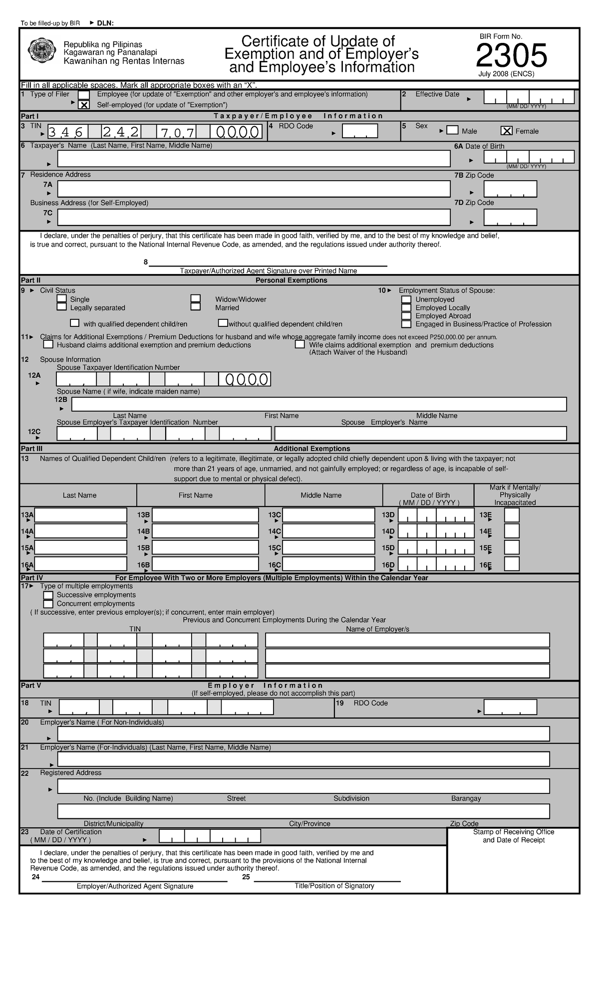 BIRForm 2305 - BIR FORM - To be filled-up by BIR DLN: Fill in all ...