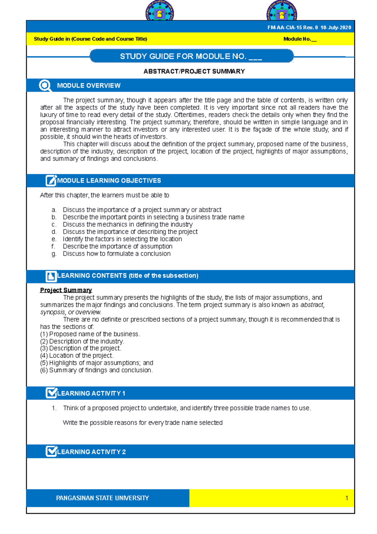 BAC 105 Study Guide module 3 Abstractproject Summary - 3 ABSTRACT ...