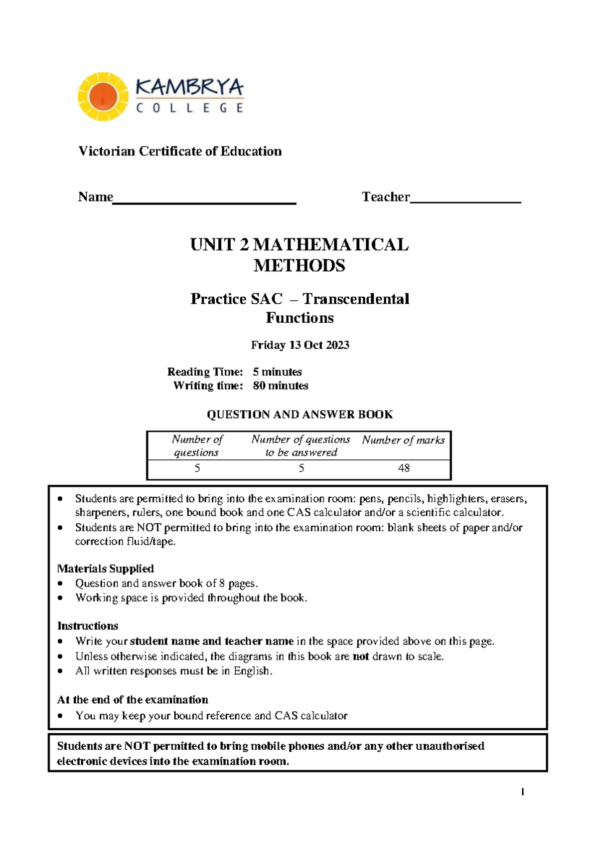 Practice SAC for trig - Year 11 Methods - Victorian Certificate of ...