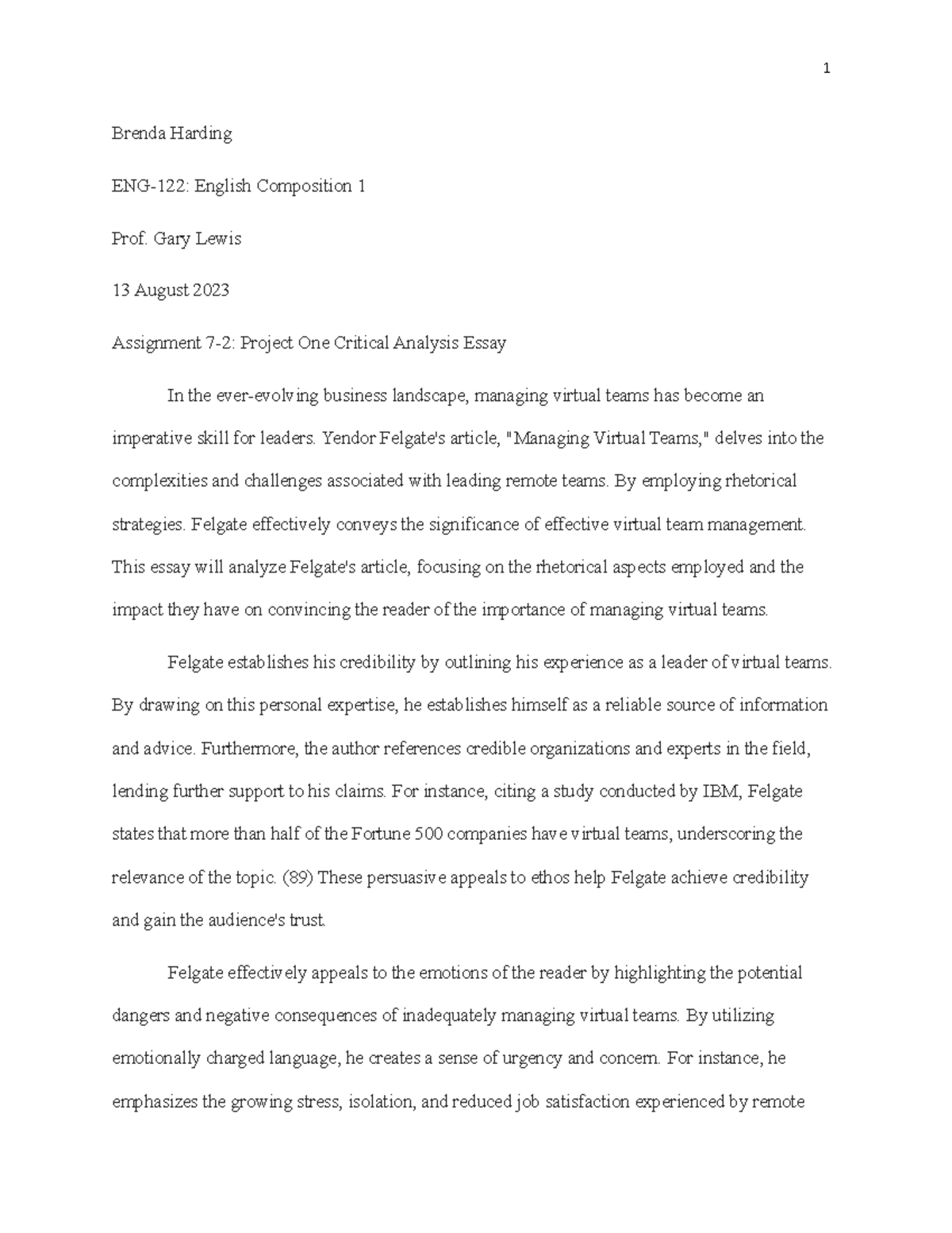 7-2 Project One1 - module 7 - 1 Brenda Harding ENG-122: English Composition 1 Prof. Gary Lewis ...