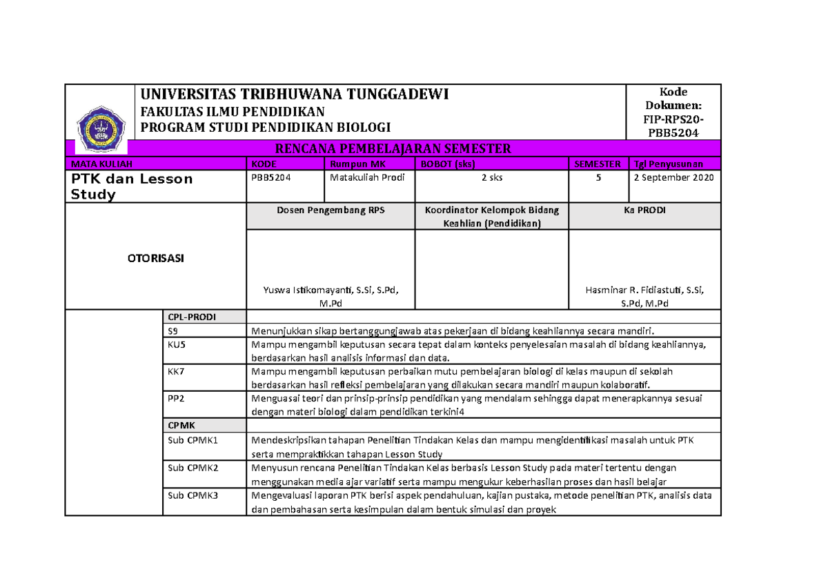 RPS PTK dan Lesson Study - UNIVERSITAS TRIBHUWANA TUNGGADEWI FAKULTAS ILMU PENDIDIKAN PROGRAM ...