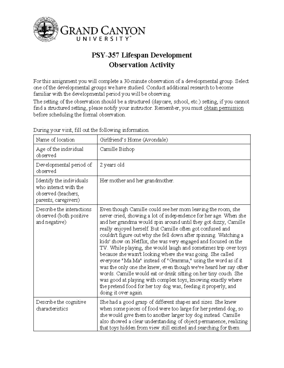 Observation Activity - PSY-357 Lifespan Development Observation ...
