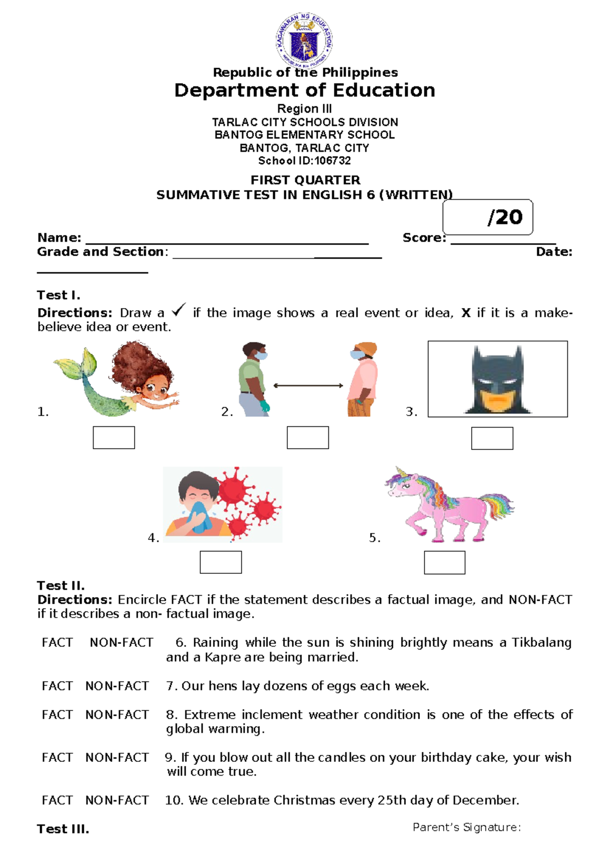 Grade 6 Q1 Summative TEST 1 - Republic of the Philippines Department of ...