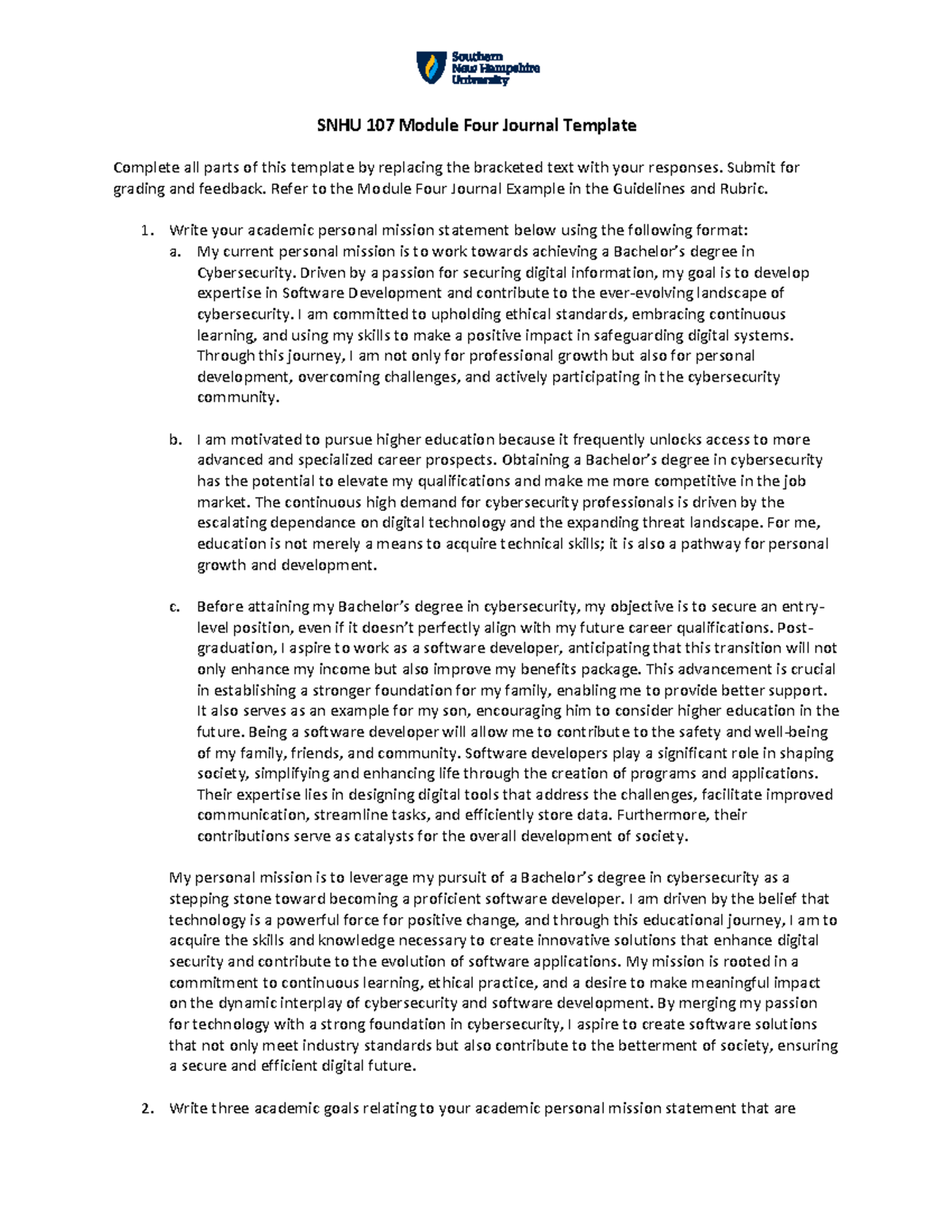SNHU 107 Module Four Journal - Submit for grading and feedback. Refer ...