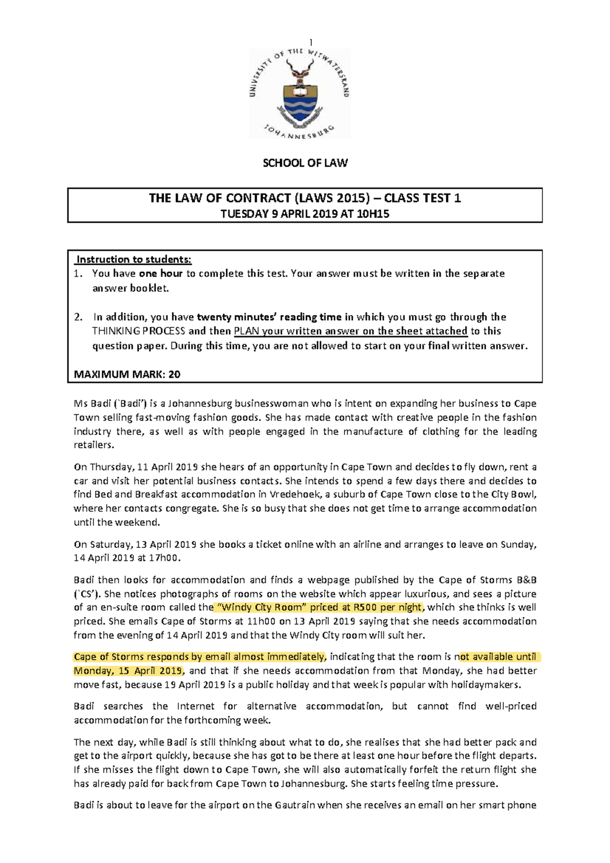 Test 2019 +04+ Contract+TEST+ Final - SCHOOL OF LAW THE LAW OF CONTRACT ...