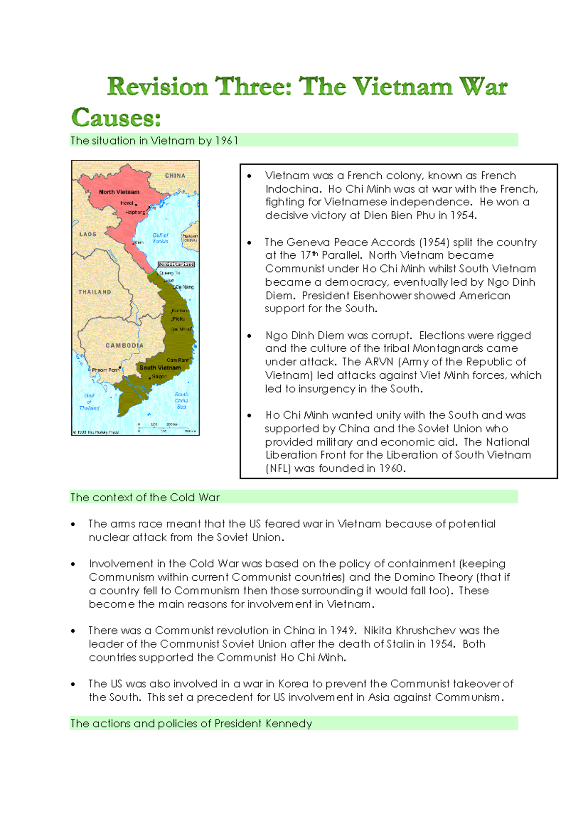 History Revision Booklet 3 Vietnam WAR - The situation in Vietnam by ...