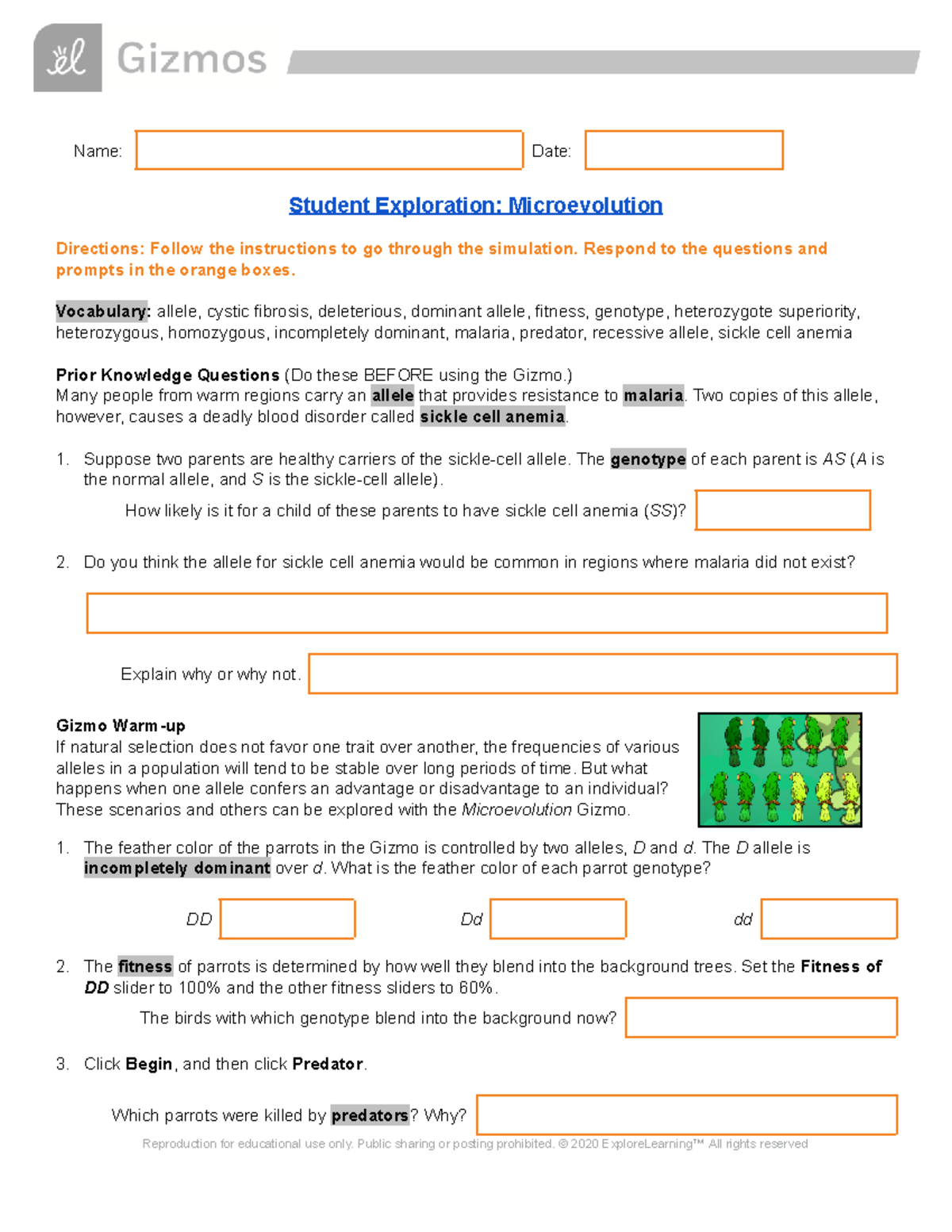 Microevolution Gizmo - Name: Date: Student Exploration: Microevolution ...