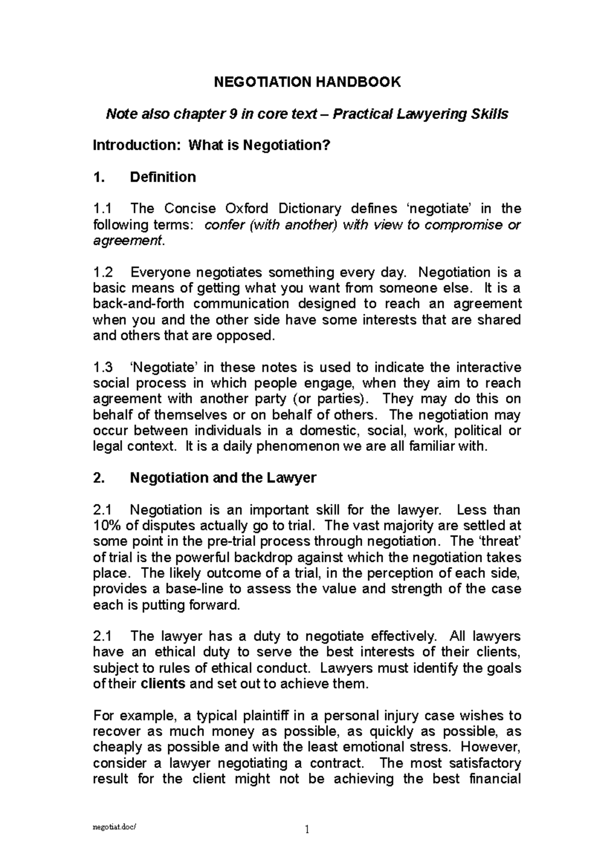 Negotiation Handbook - NEGOTIATION HANDBOOK Note also chapter 9 in core ...