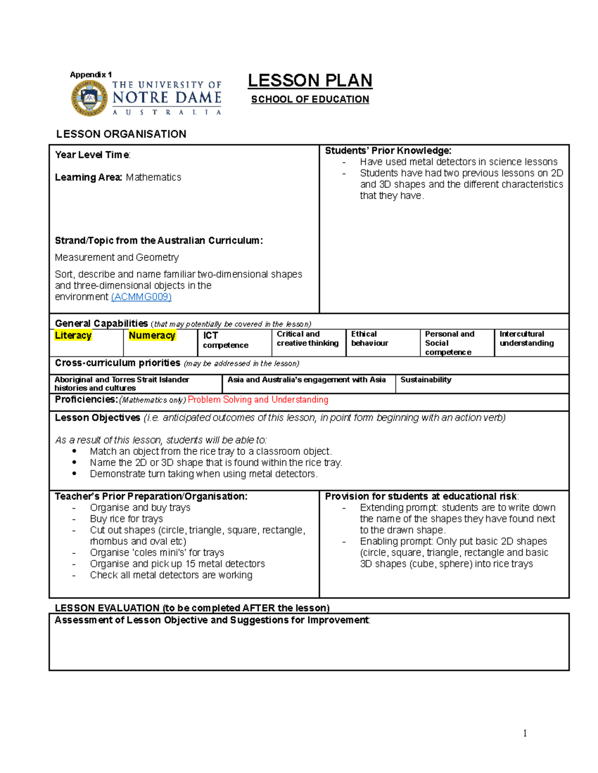 Lesson Plan For Math - Appendix 1 LESSON PLAN SCHOOL OF EDUCATION ...