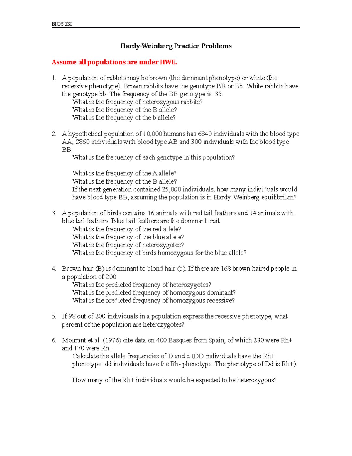 HW Practice Problems BIOS230 - BIOS 230 Hardy-Weinberg Practice ...