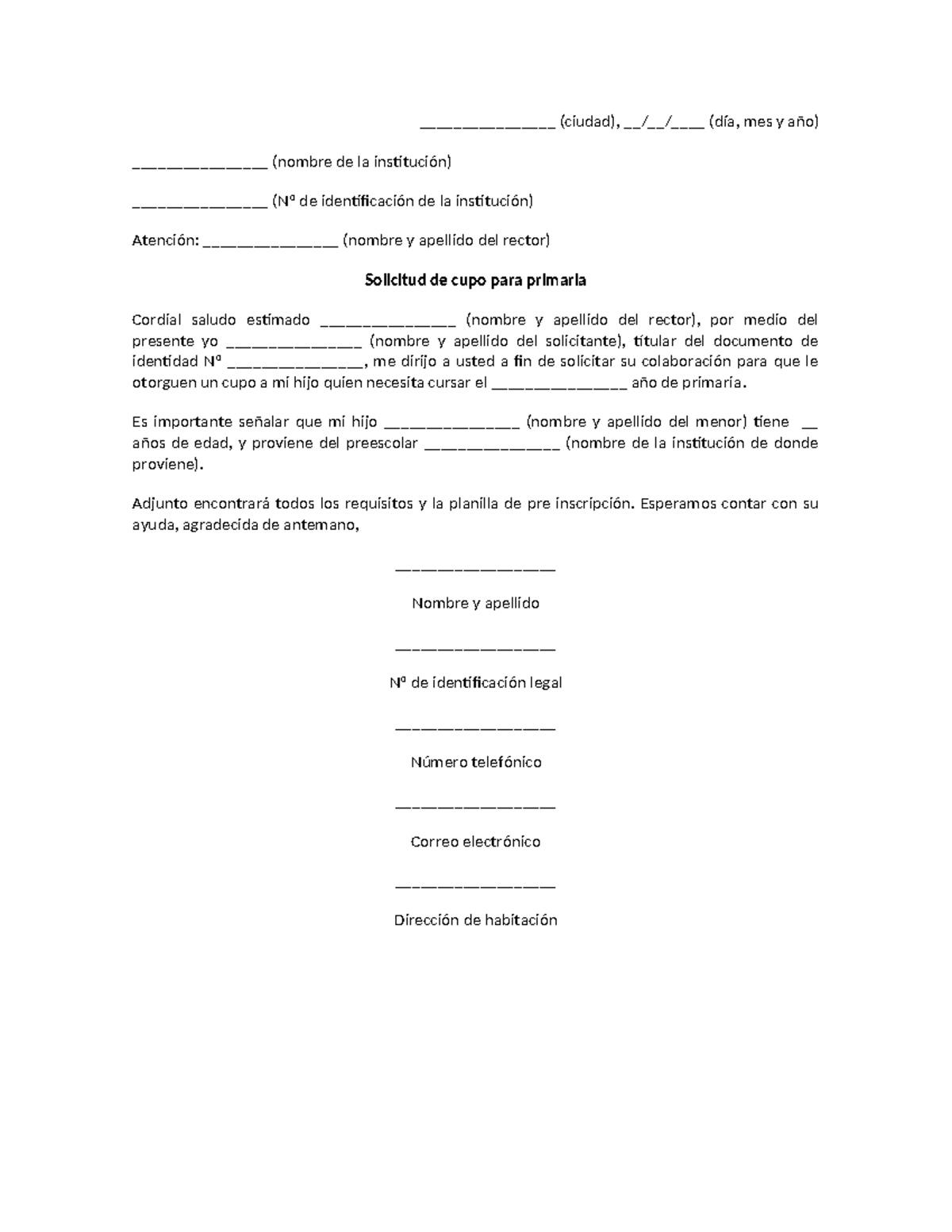 Modelo de carta de solicitud de cupo académico para primaria ...