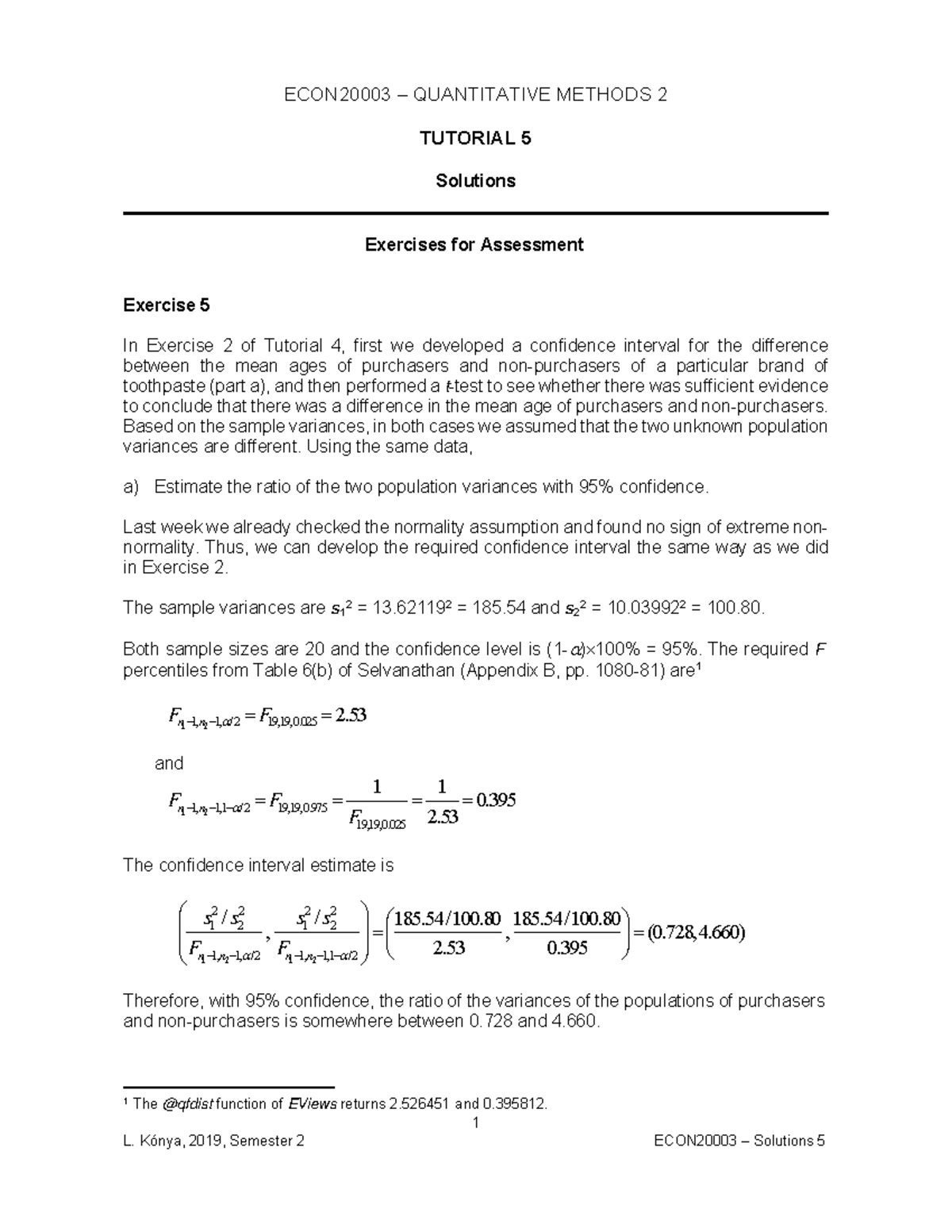 Tutorial 5 solutions - 1 ECON20003 – QUANTITATIVE METHODS 2 TUTORIAL 5 Solutions Exercises for ...