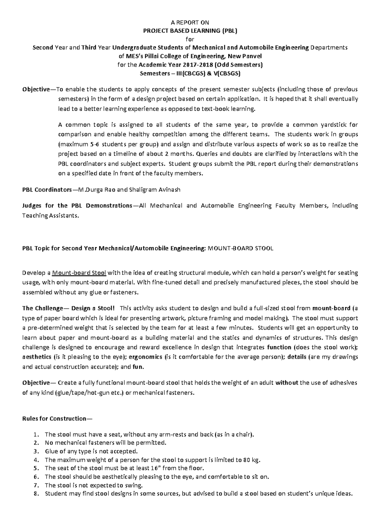Project Based Learning 2017 2018 Odd Semesters A Brief Report Mech Auto ...
