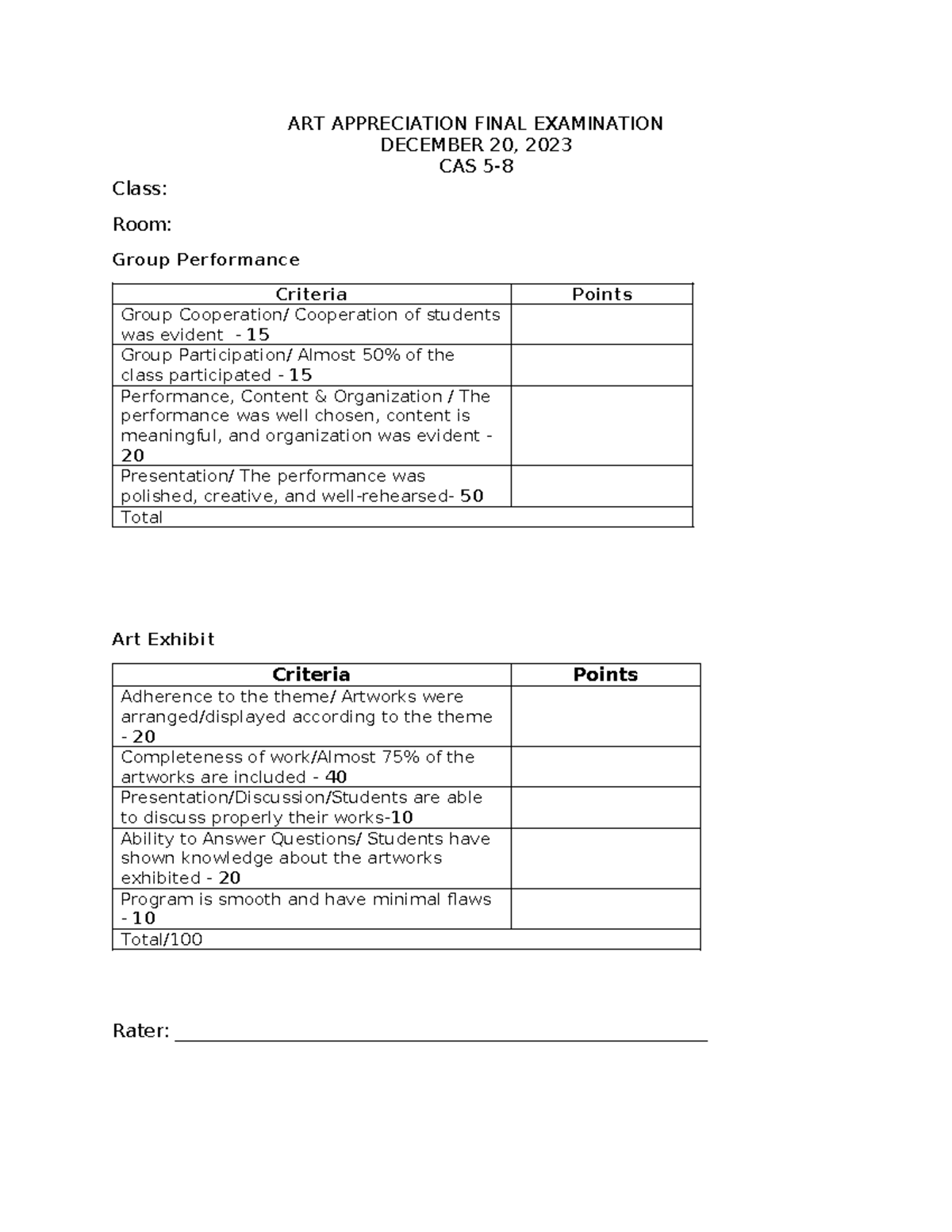 ART Appreciation Final Examination - ART APPRECIATION FINAL EXAMINATION ...