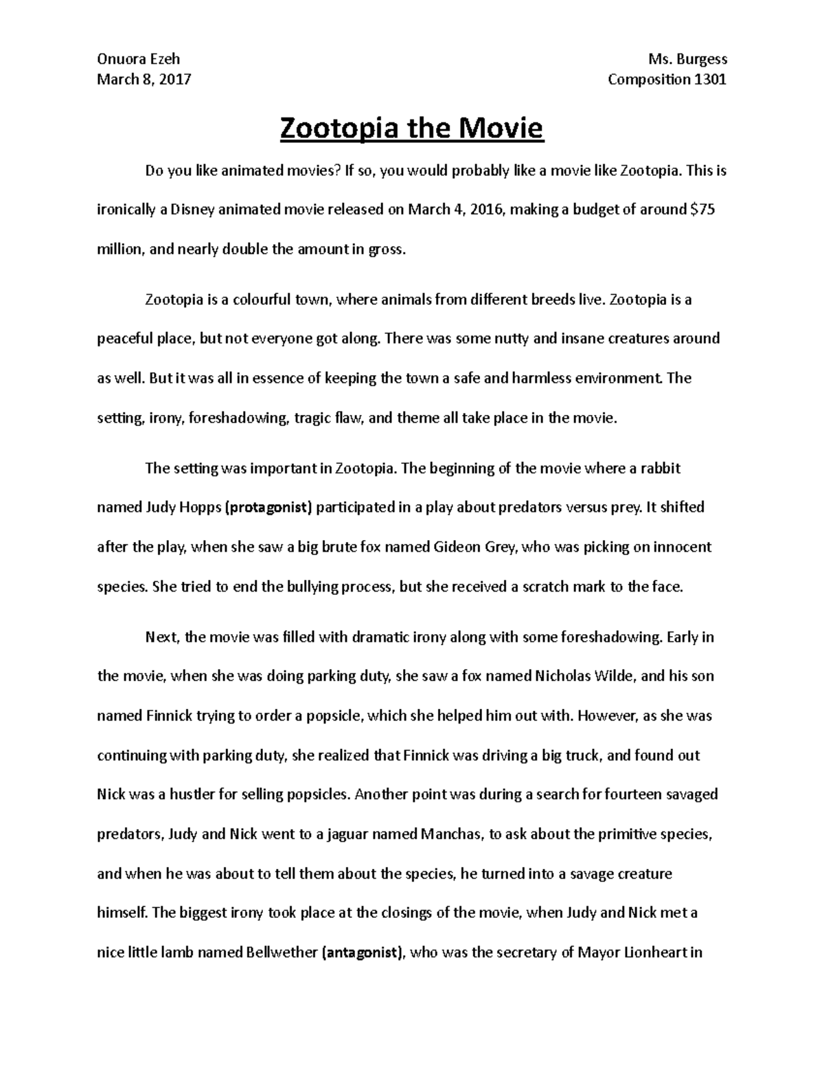 Zootopia the Movie (Onuora) - Onuora EzehMarch 8, 2017 Composition ...
