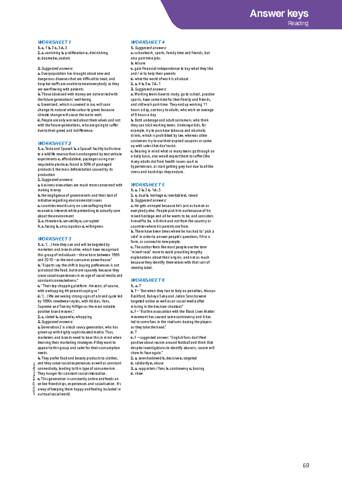 Enga11 reading worksheets answer keys - 69 Answer keys Reading ...