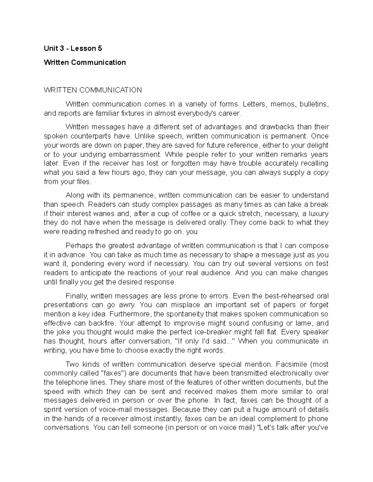 Unit 3 Written Communication - Unit 3 - Lesson 5 Written Communication WRITTEN COMMUNICATION ...