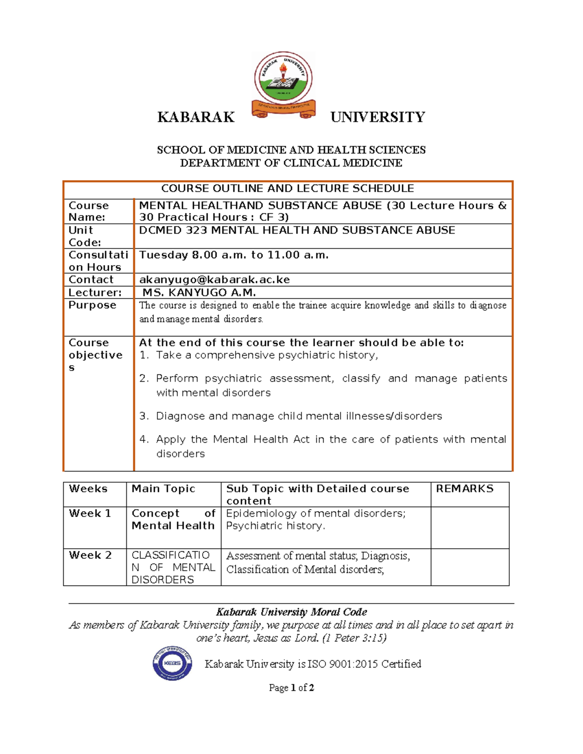 Dcmed 323 Course Outline - KABARAK UNIVERSITY SCHOOL OF MEDICINE AND ...