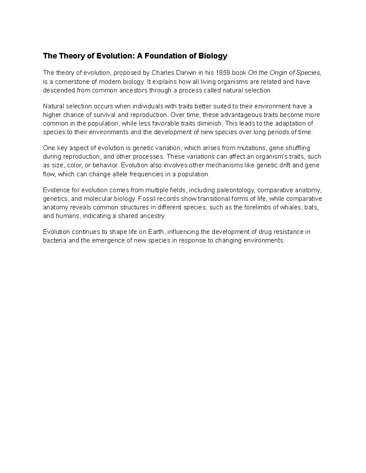The Theory of Evolution A Foundation of Biology - It explains how all ...