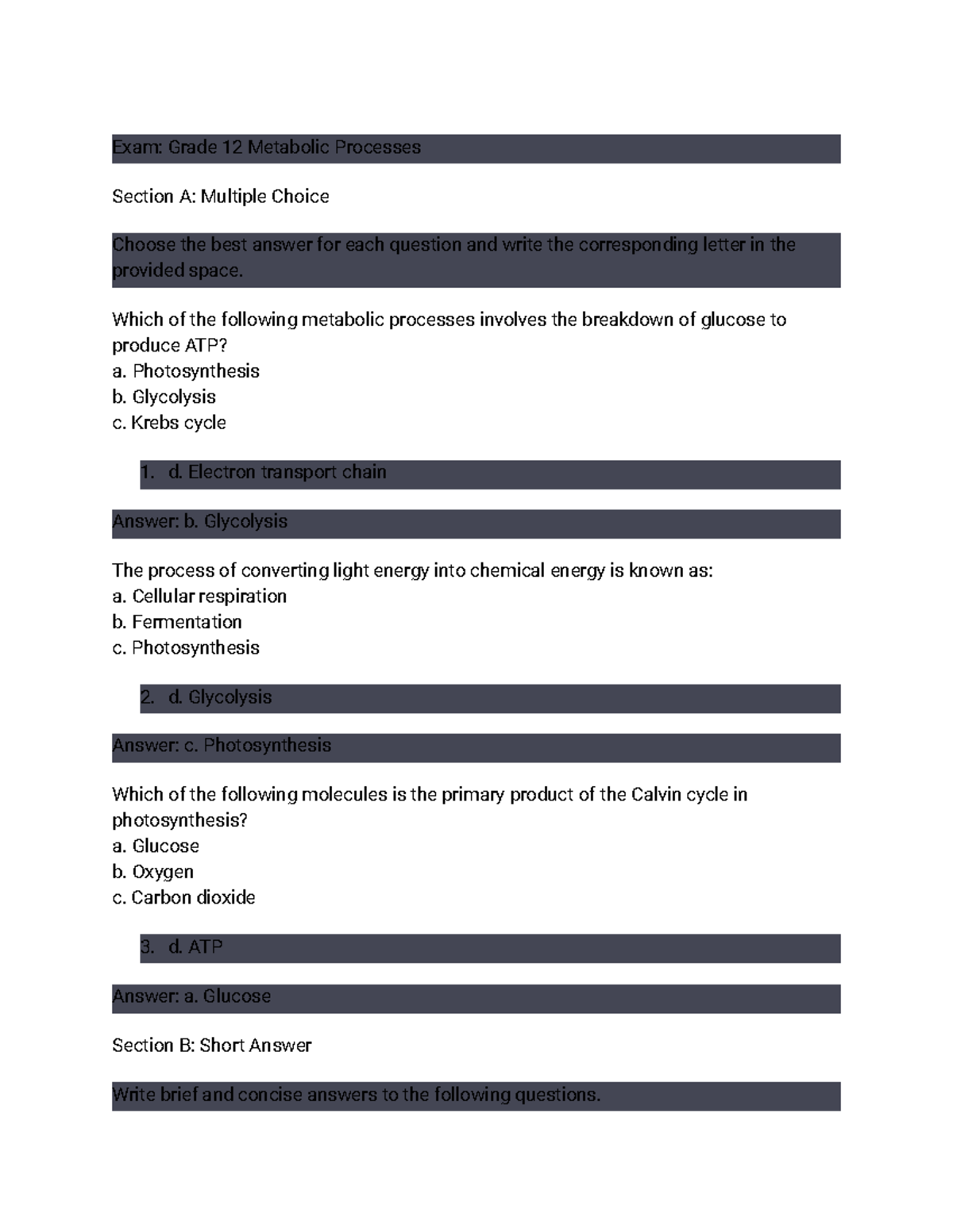 Exam Grade 12 Metabolic Processes Quiz Practice - Exam: Grade 12 ...