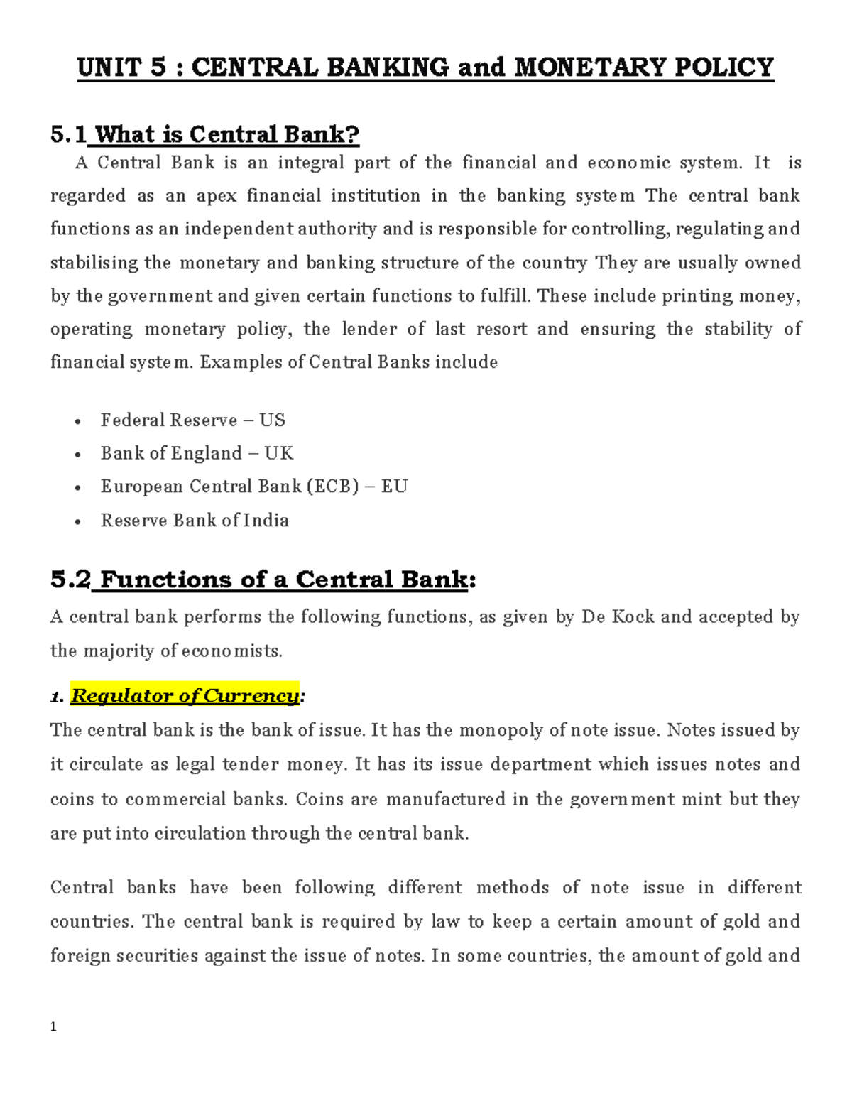 Central Banking - UNIT 5 : CENTRAL BANKING and MONETARY POLICY 5 What ...
