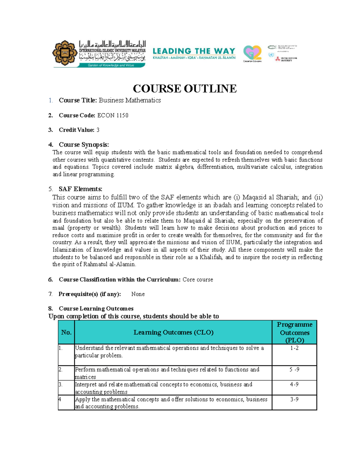 Course outline Business Math ECON1150 Sem 2 20212022 - SE-414-1 - UiA ...