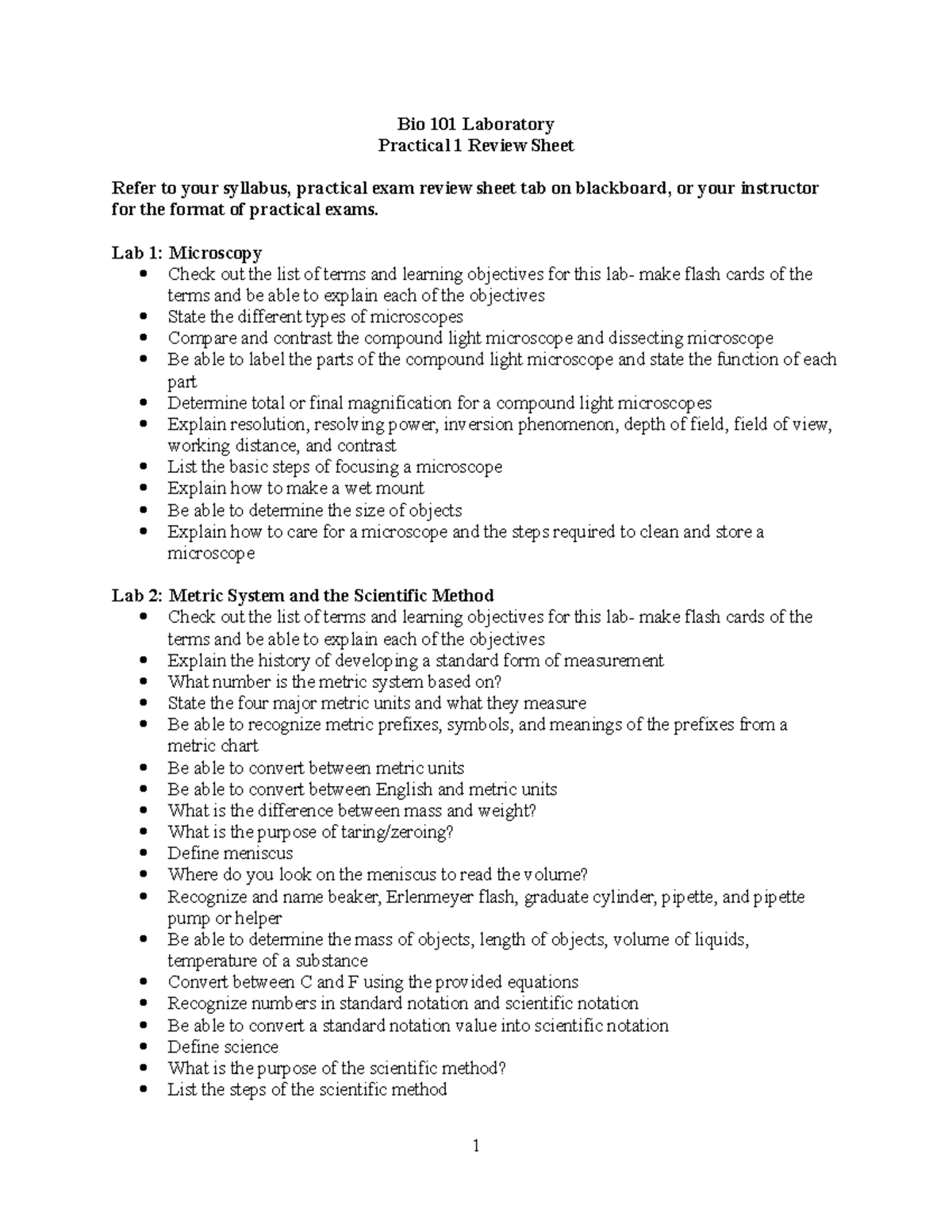 BIO Midterm Study Guide - Bio 101 Laboratory Practical 1 Review Sheet ...