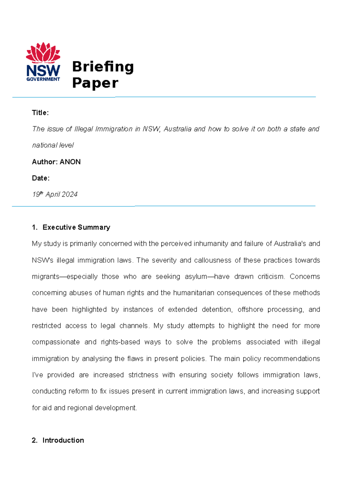 CRIM1010 T1 2024 Briefing Paper - Title: The issue of Illegal ...
