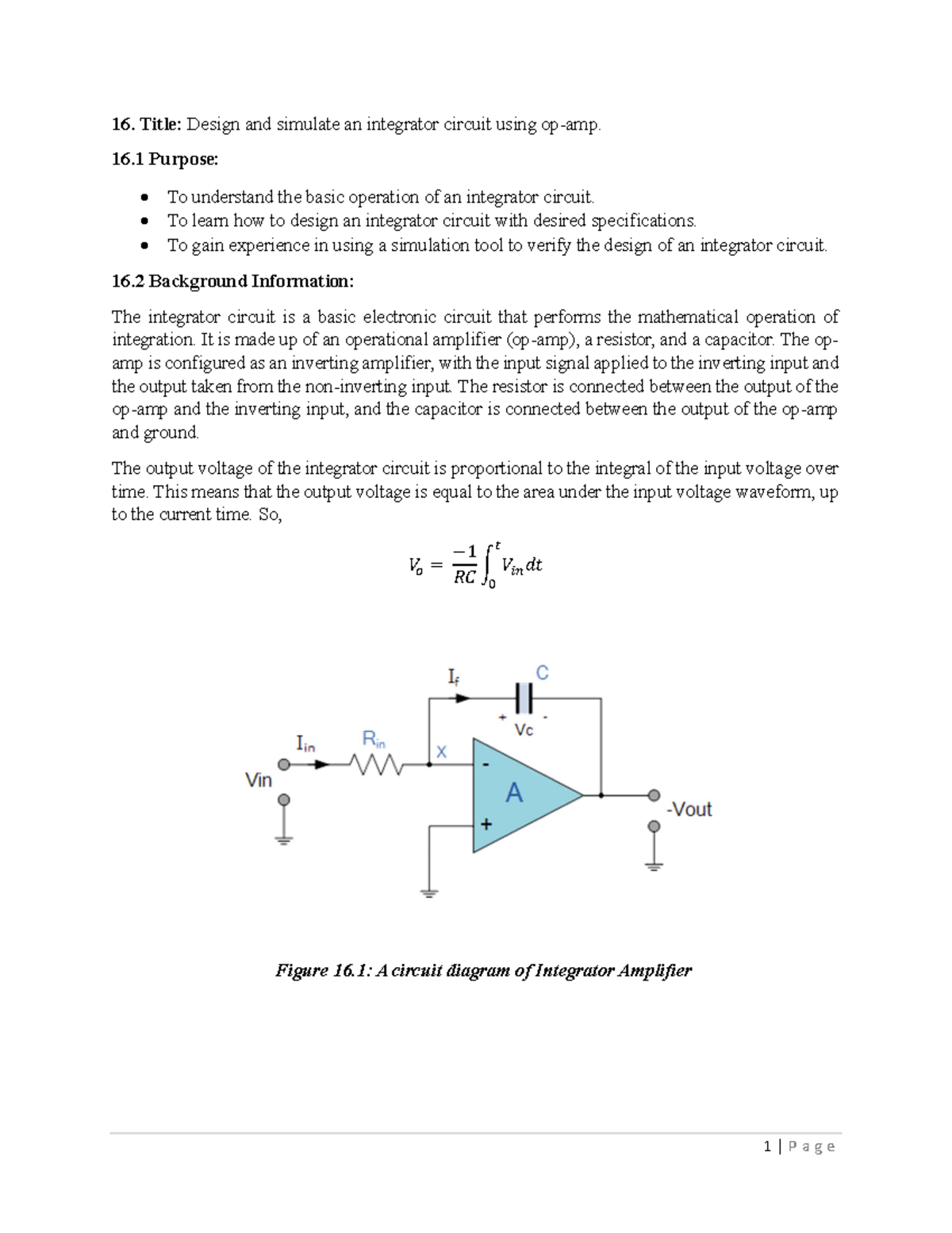 16. Design and simulate an integrator circuit using op-amp - 16. Title ...