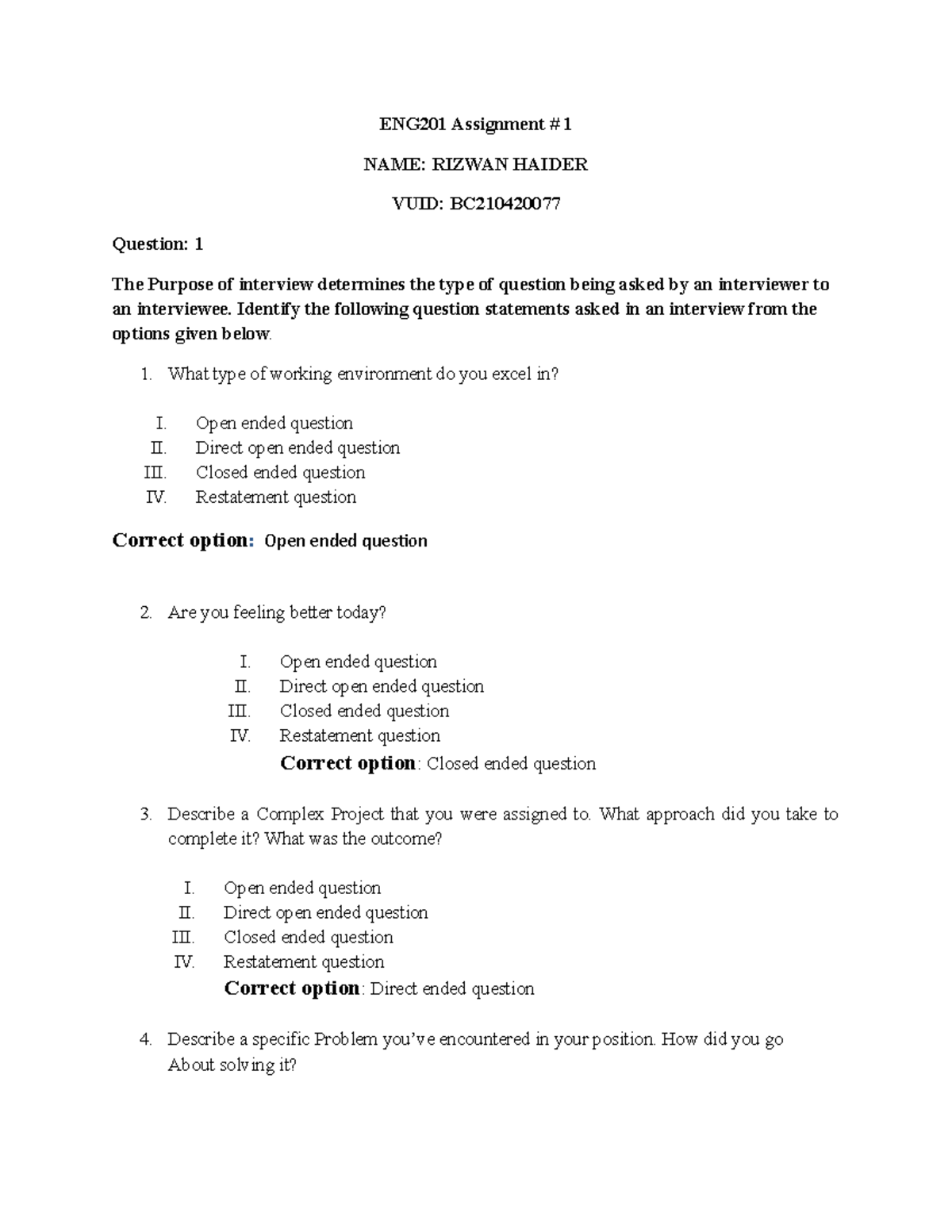ENG201Assignment 1 - importan Assignment - ENG201 Assignment # 1 NAME: RIZWAN HAIDER VUID: BC ...