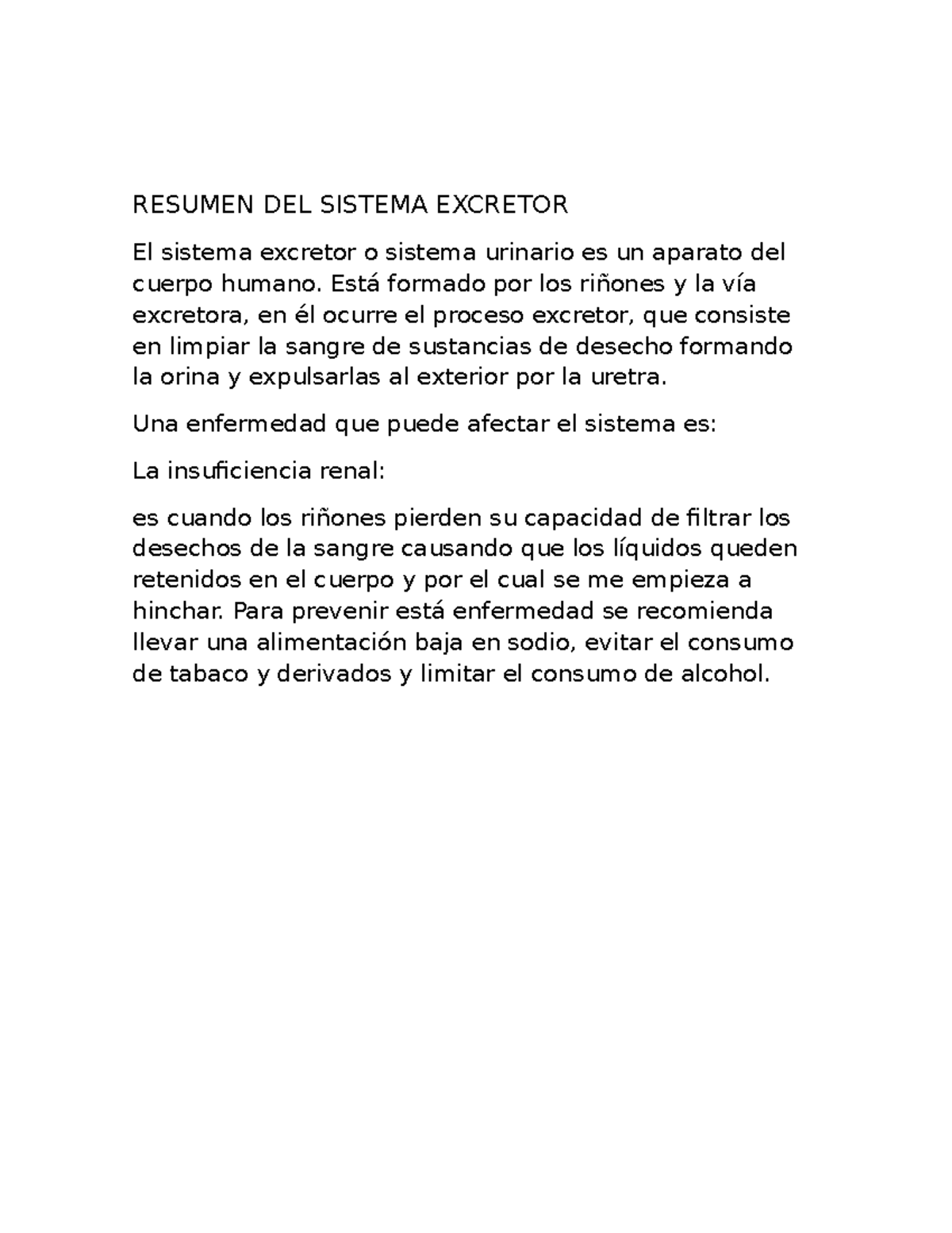Resumen DEL Sistema Excretor - RESUMEN DEL SISTEMA EXCRETOR El sistema excretor o sistema ...