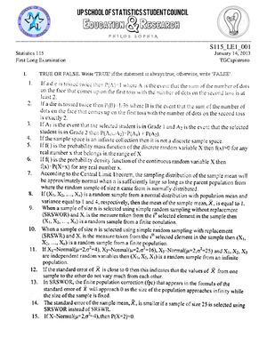 Stat 101 Finals Reviewer - Statistics 101 Elementary Statistics ...
