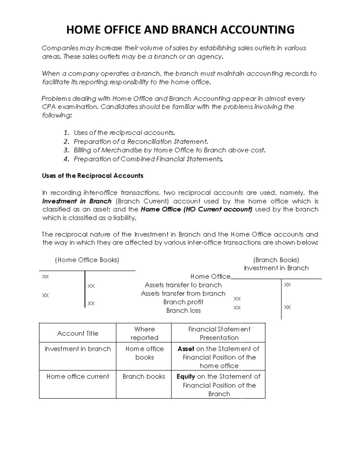 Home Office and Branch Accounting - Lecture Note - Companies may ...