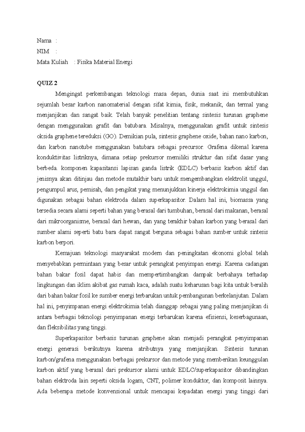 Tugas 1 Fis Mat Energi - Nama : NIM : Mata Kuliah : Fisika Material ...