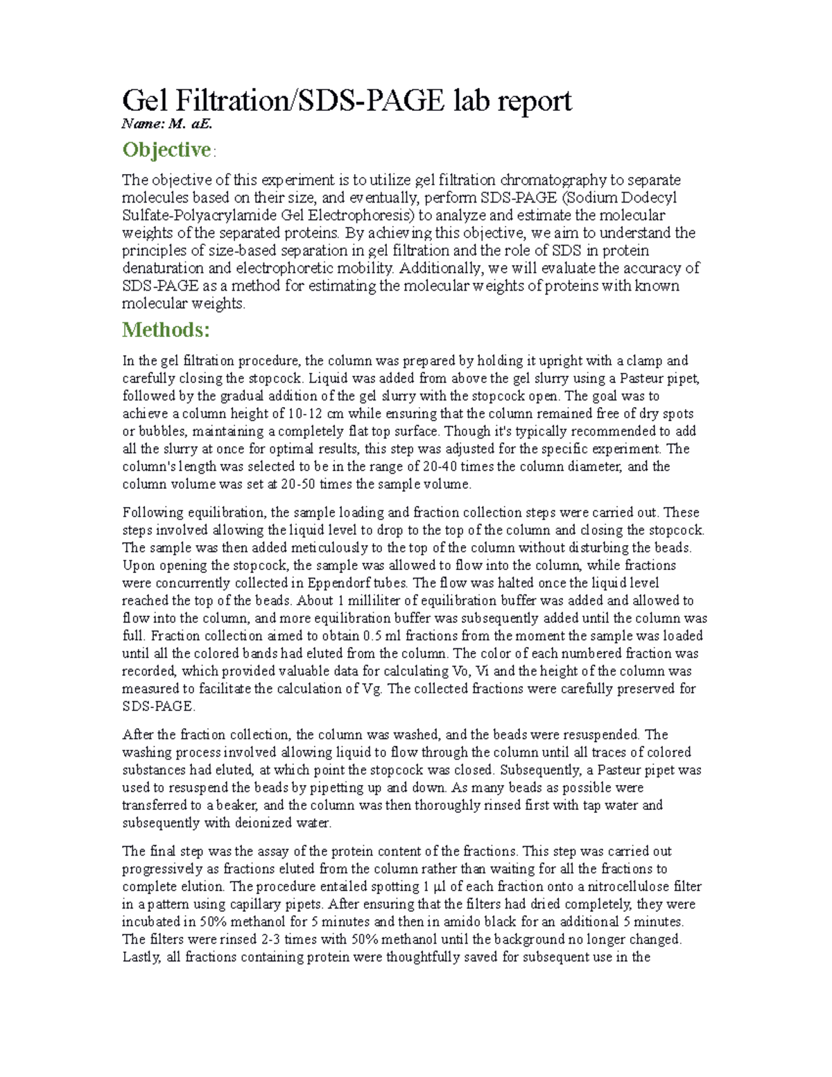 Lab report 1 cell - Gel Filtration/SDS-PAGE lab report Name: M. aE ...