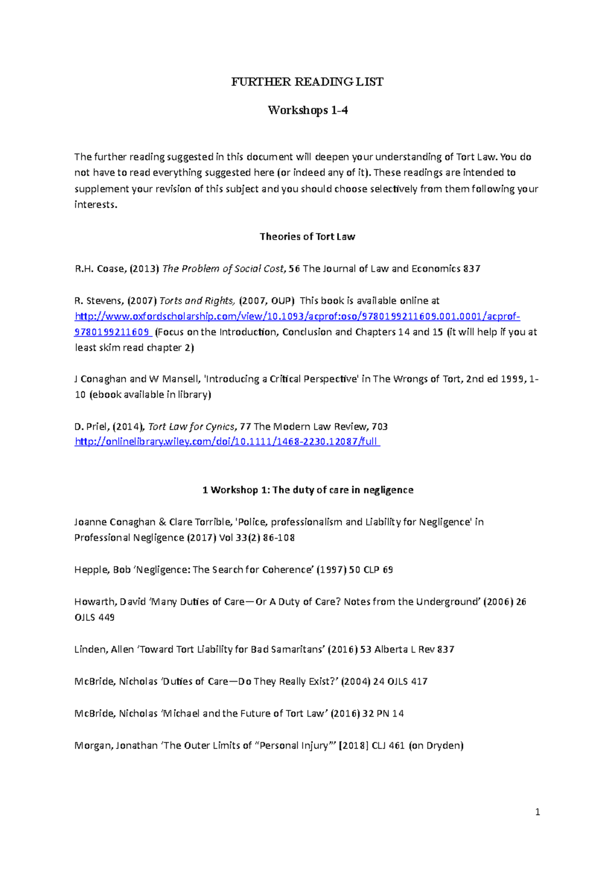 Law of Tort Further Reading List - FURTHER READING LIST Workshops 1 ...