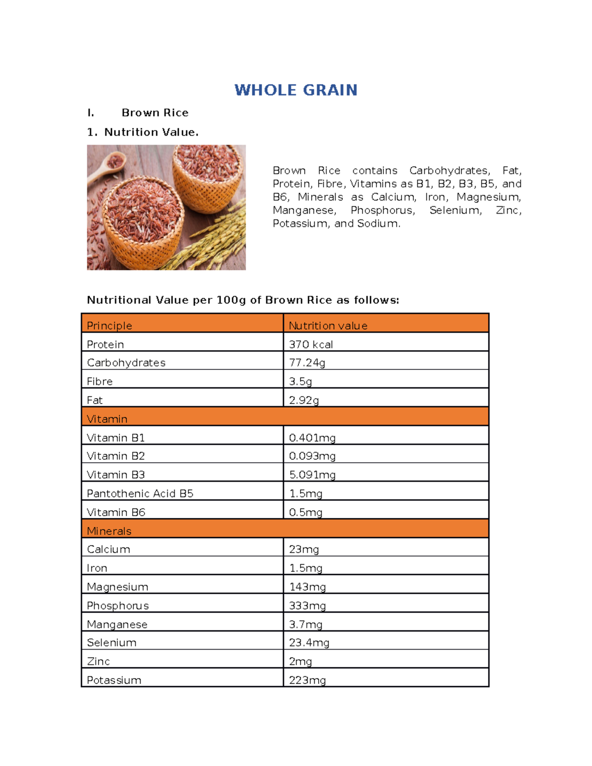 Whole Grain Assignment - WHOLE GRAIN I. Brown Rice Nutrition Value ...
