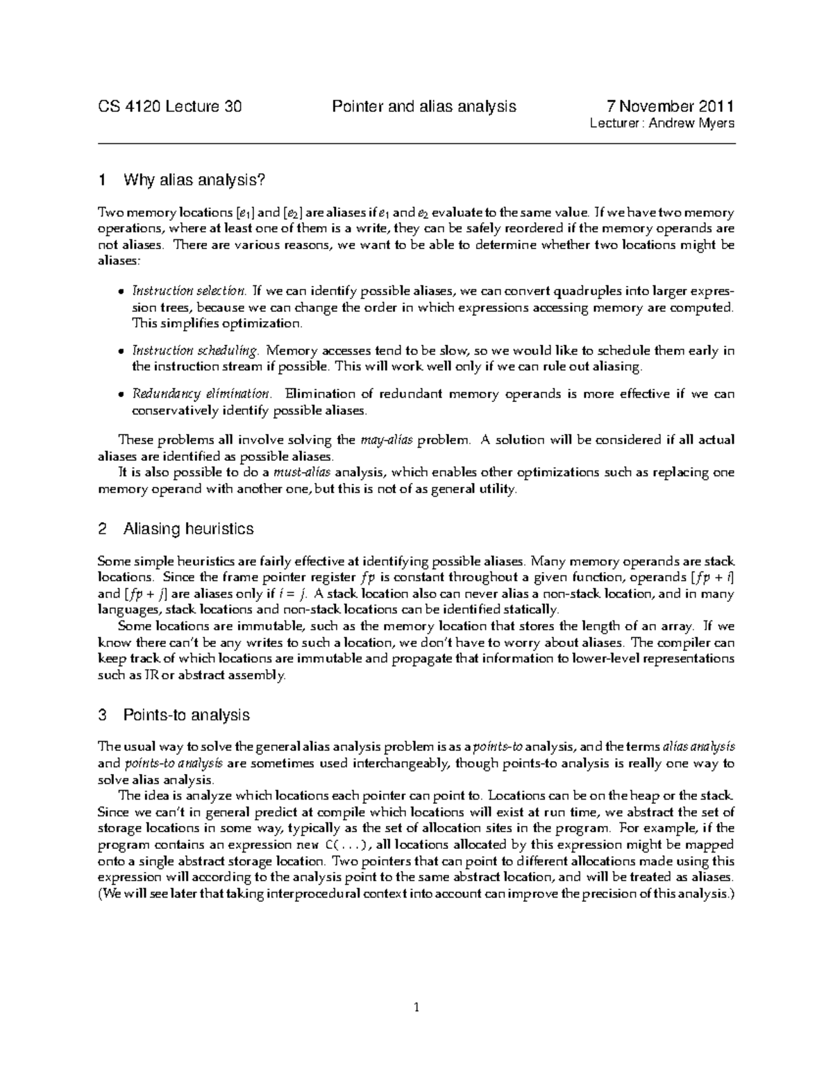 Lecture Notes Lecture 30 Cs 4120 Lecture 30 Pointer And Alias 6931