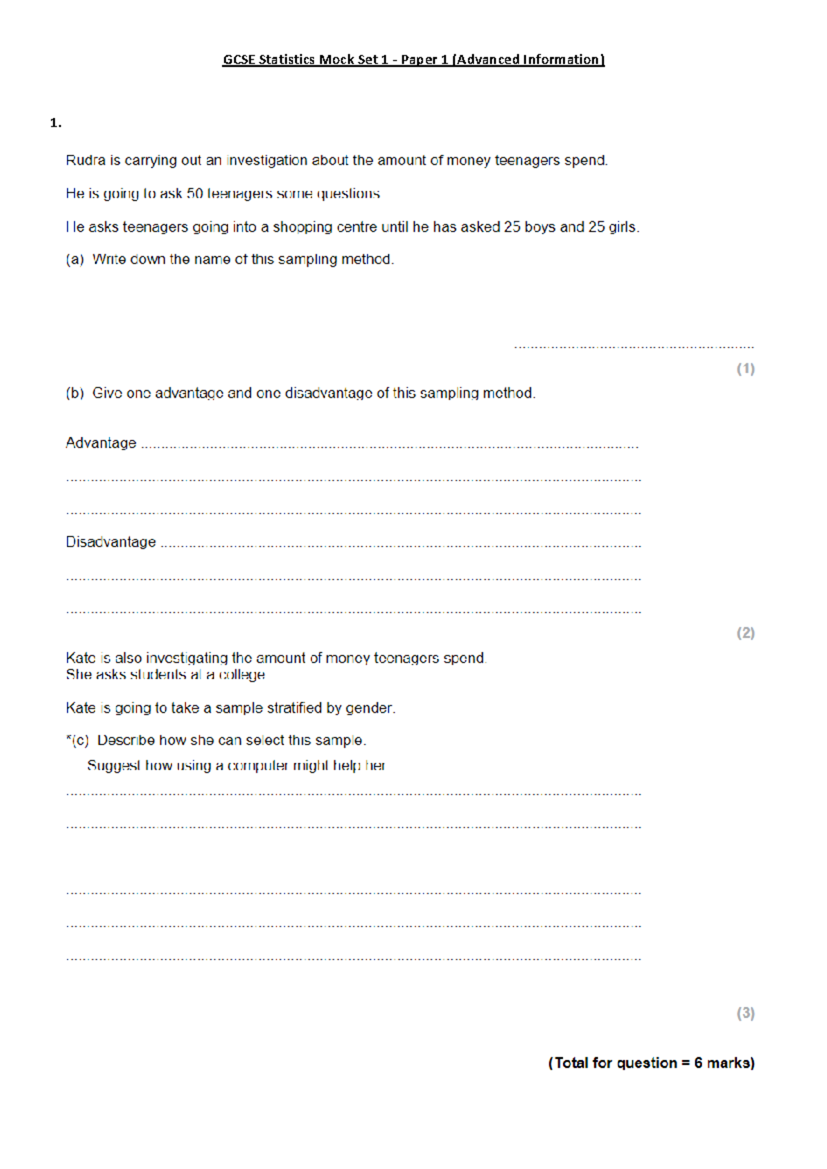 GCSE Statistics Mock Set 1 - Paper 1 Advanced Info - Sciences de la vie ...