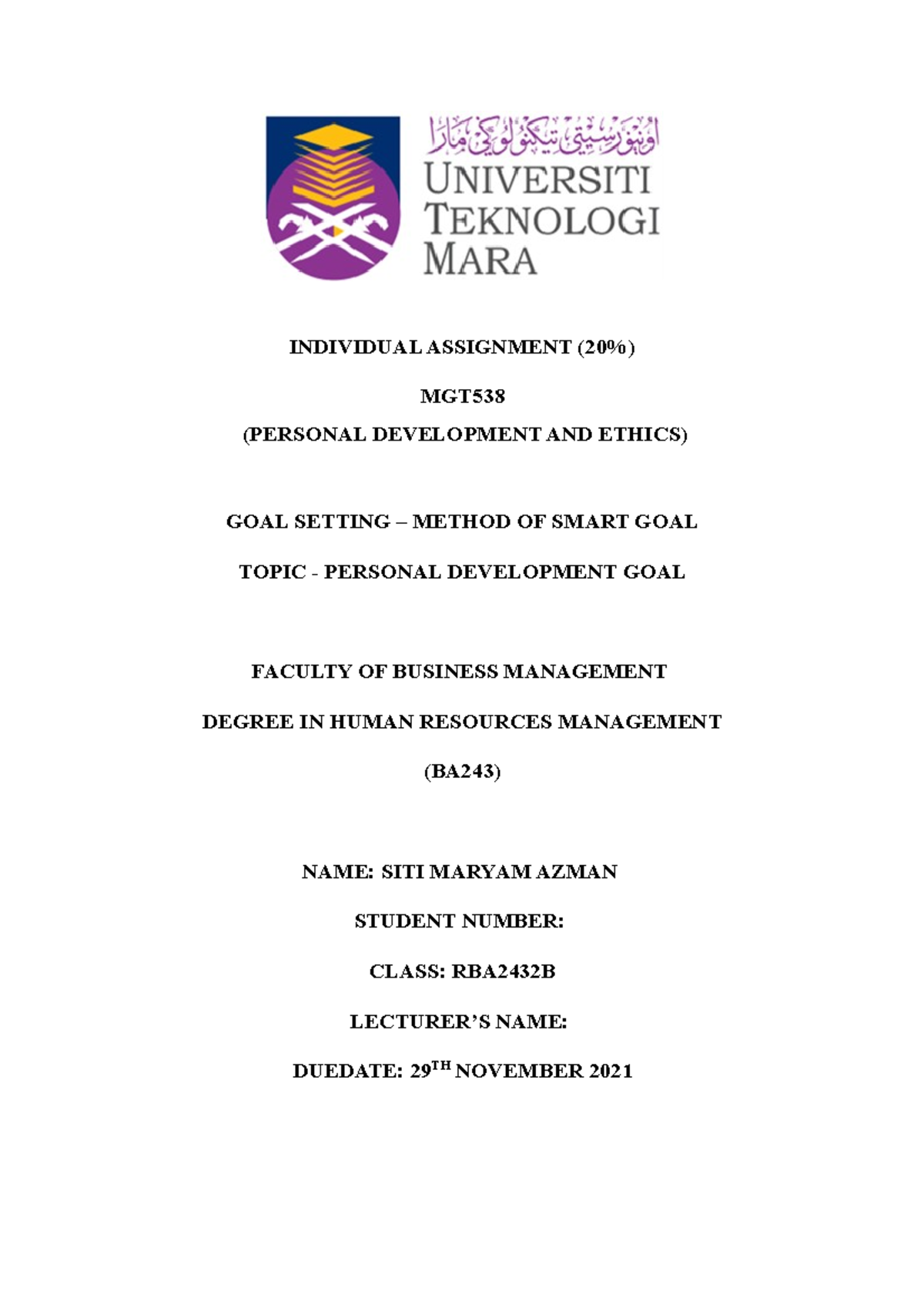 Individual Assignment (GOAL Setting) - INDIVIDUAL ASSIGNMENT (20%) MGT ...